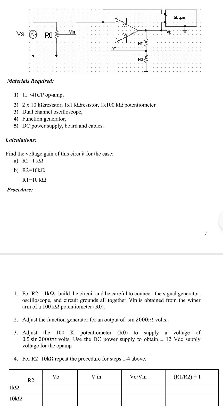 Solved Materials Required: 1) 1×741CP op-amp, 2) 2×10kΩ | Chegg.com