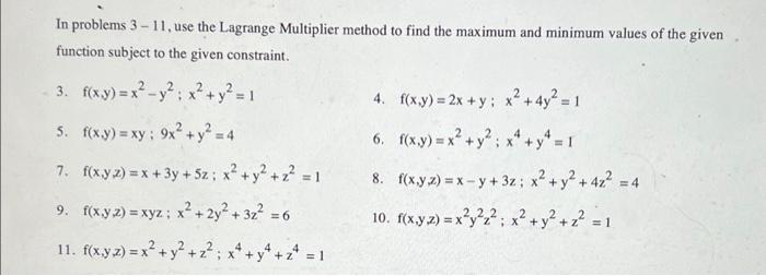 Solved In problems 3 - 11, use the Lagrange Multiplier | Chegg.com