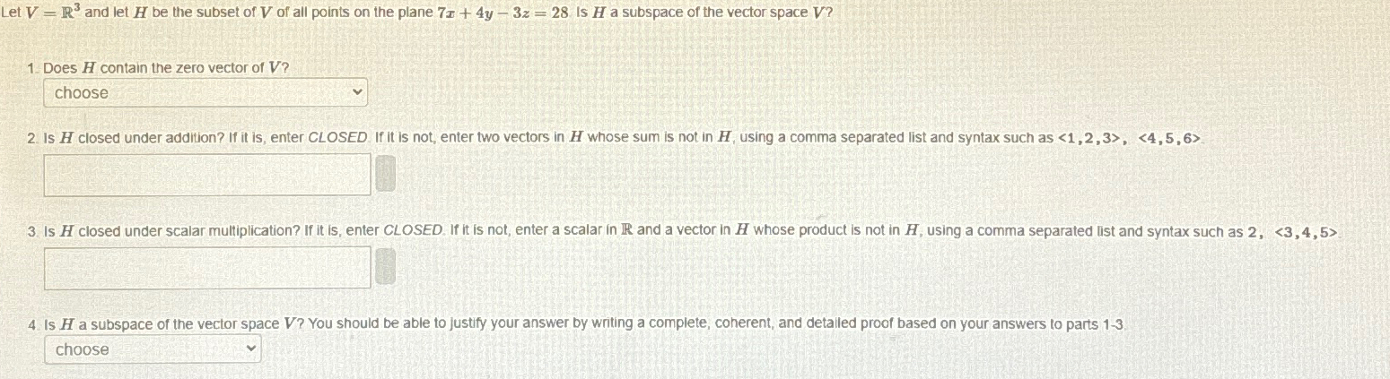 Solved Let V=R3 ﻿and let H ﻿be the subset of V ﻿of all | Chegg.com