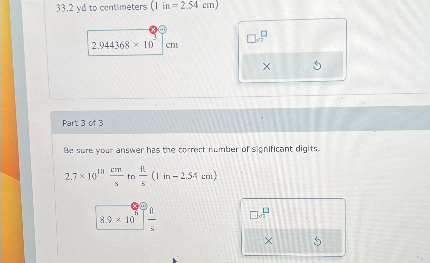 Solved 33.2yd ﻿to centimeters )=(2.54cmPart 3 ﻿of 3Be sure | Chegg.com