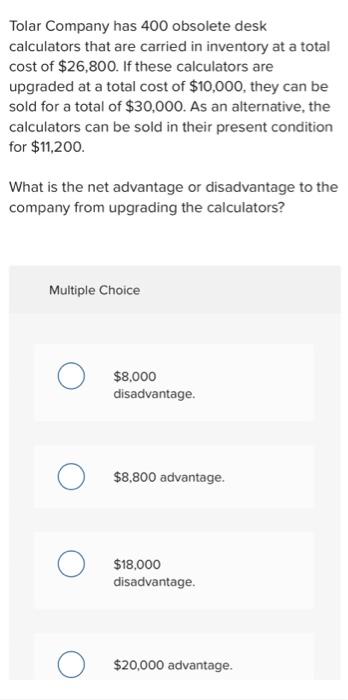 Solved Tolar Company has 400 obsolete desk calculators that | Chegg.com