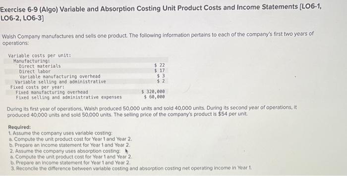Solved Exercise 6-9 (Algo) Variable and Absorption Costing | Chegg.com