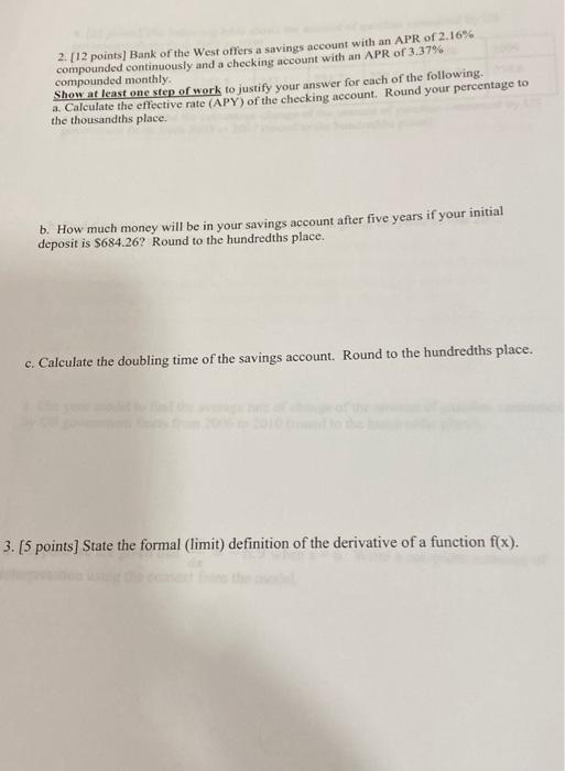 Solved 2. [12 points] Bank of the West offers a savings | Chegg.com
