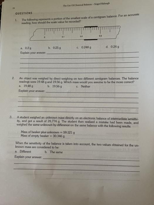 THE USE OF CHEMICAL BALANCES A. The Centigram Balance | Chegg.com