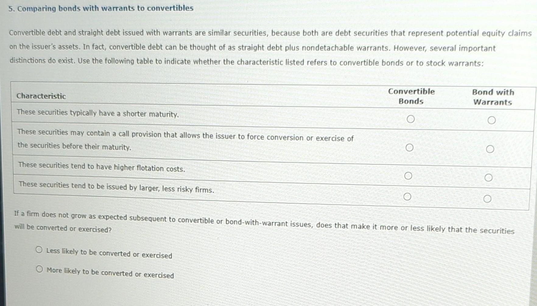 Solved 5. Comparing bonds with warrants to convertibles | Chegg.com
