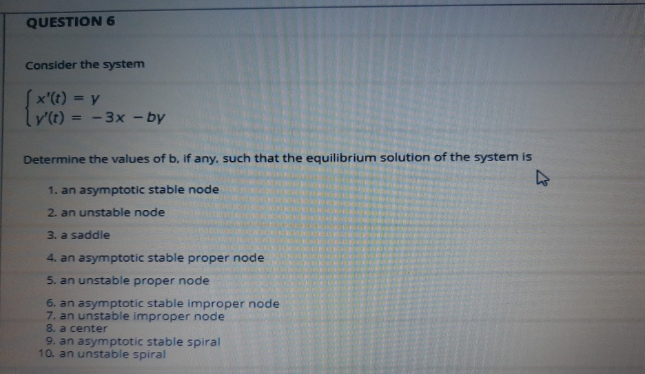 Solved QUESTION 6 Consider the system x'(t) = y Ty(t) = -3x | Chegg.com