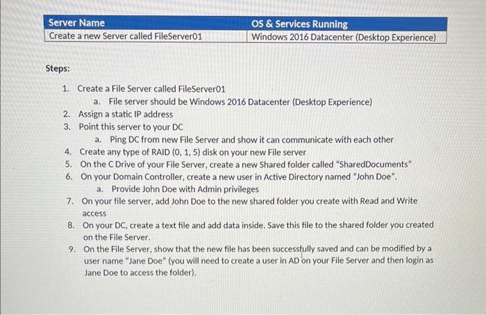 Solved 1. Create a File Server called FileServer01 a. File | Chegg.com