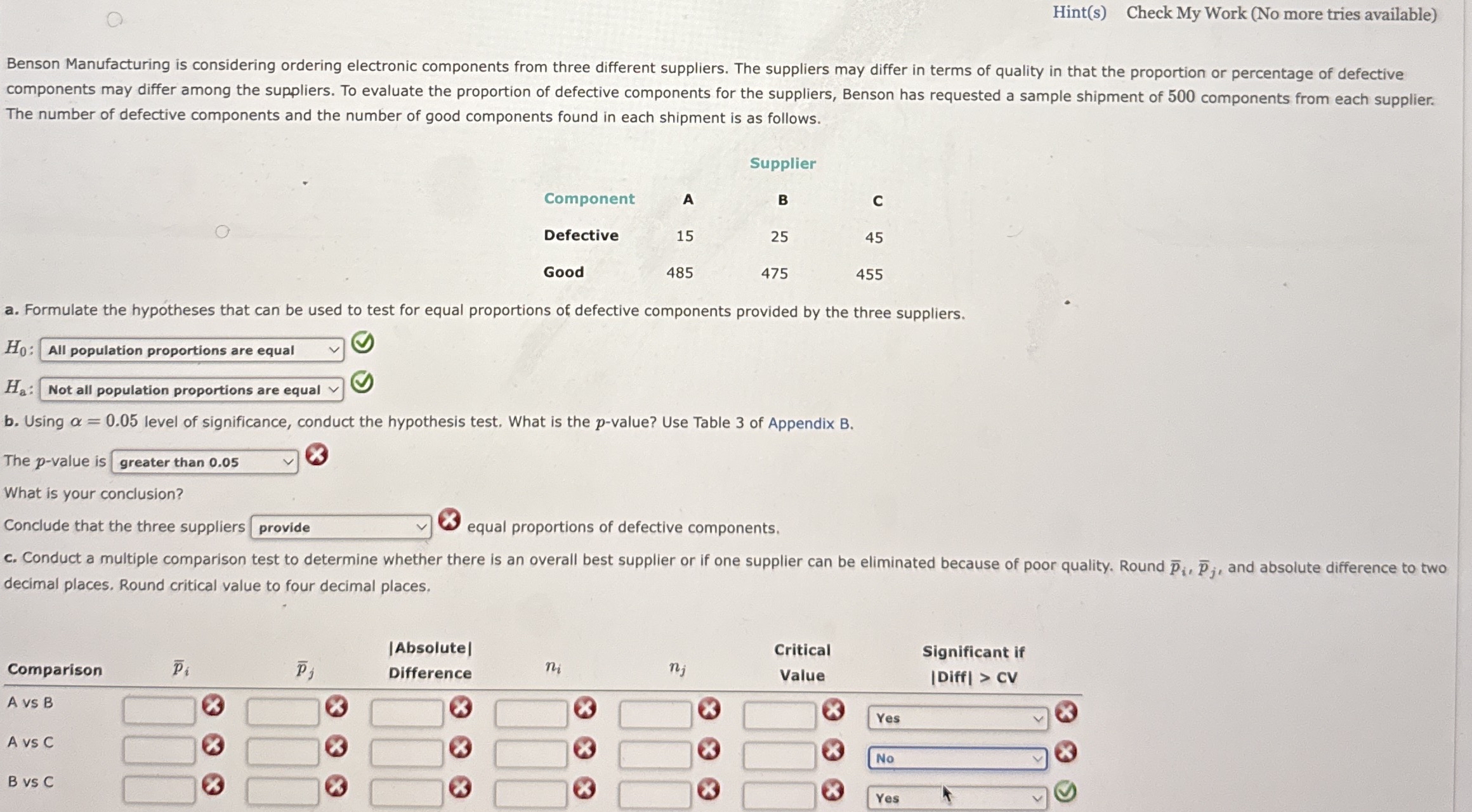 Solved Hint(s) ﻿Check My Work (No more tries | Chegg.com