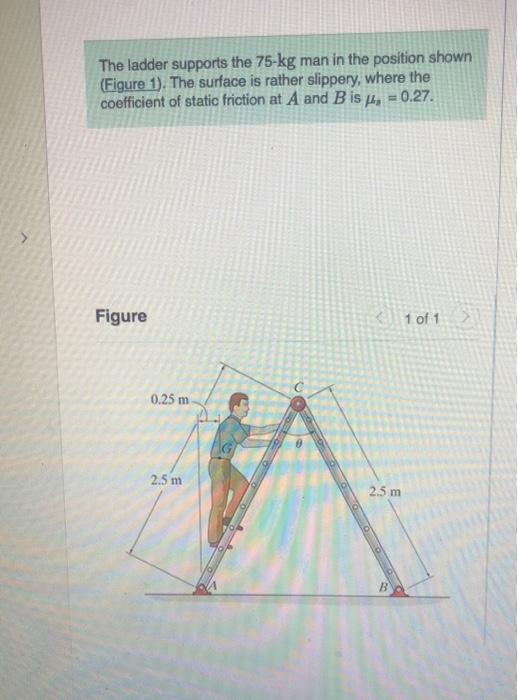 Solved The ladder supports the 75−kg man in the position | Chegg.com