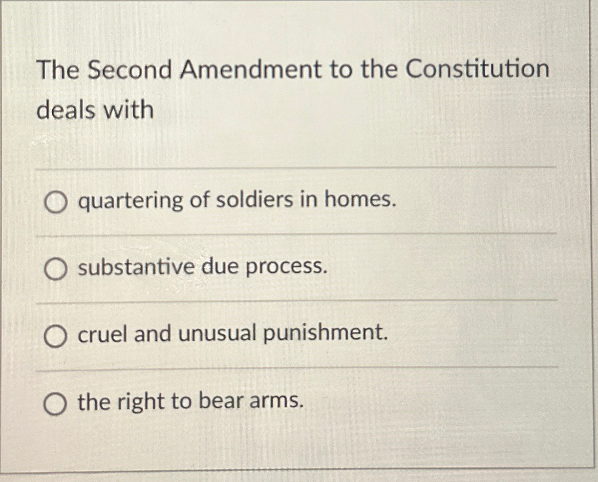 Solved The Second Amendment to the Constitution deals with | Chegg.com