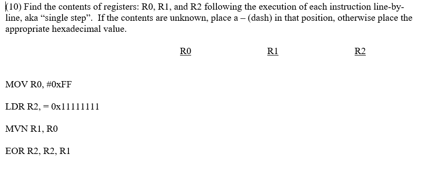 Solved (10) Find the contents of registers: R0, R1, and R2 | Chegg.com