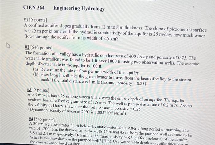 Solved #1 [5 points] A confined aquifer slopes gradually | Chegg.com