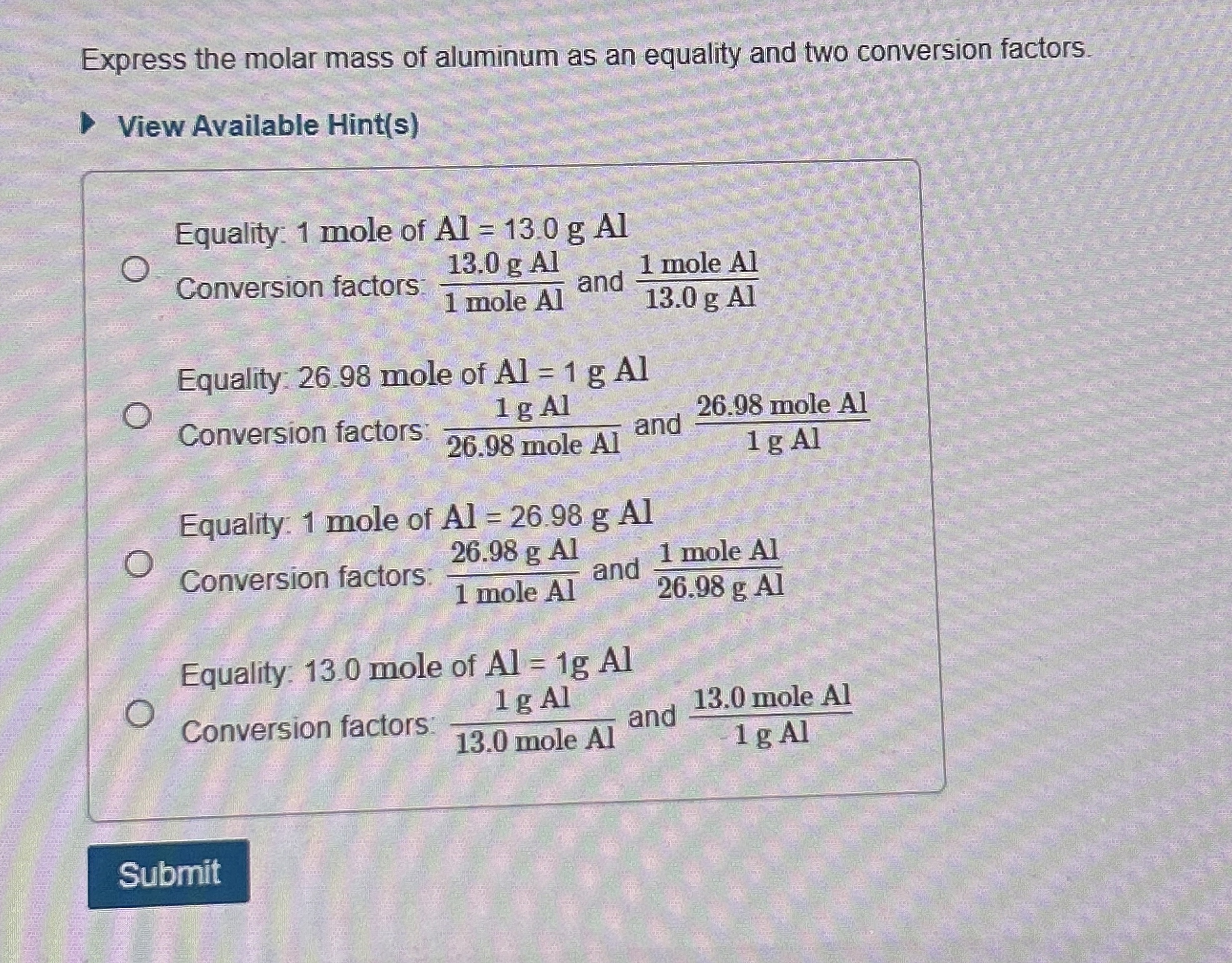 Solved Express the molar mass of aluminum as an equality and | Chegg.com
