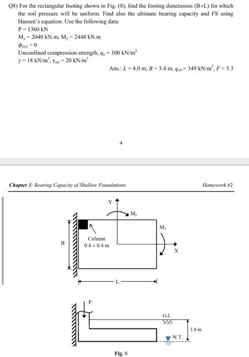Solved 08) For the rectangular footing shown in Fig. (8), | Chegg.com