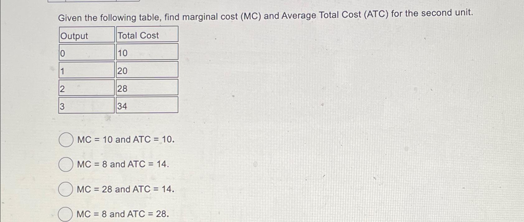 Solved Given the following table, find marginal cost (MC) | Chegg.com