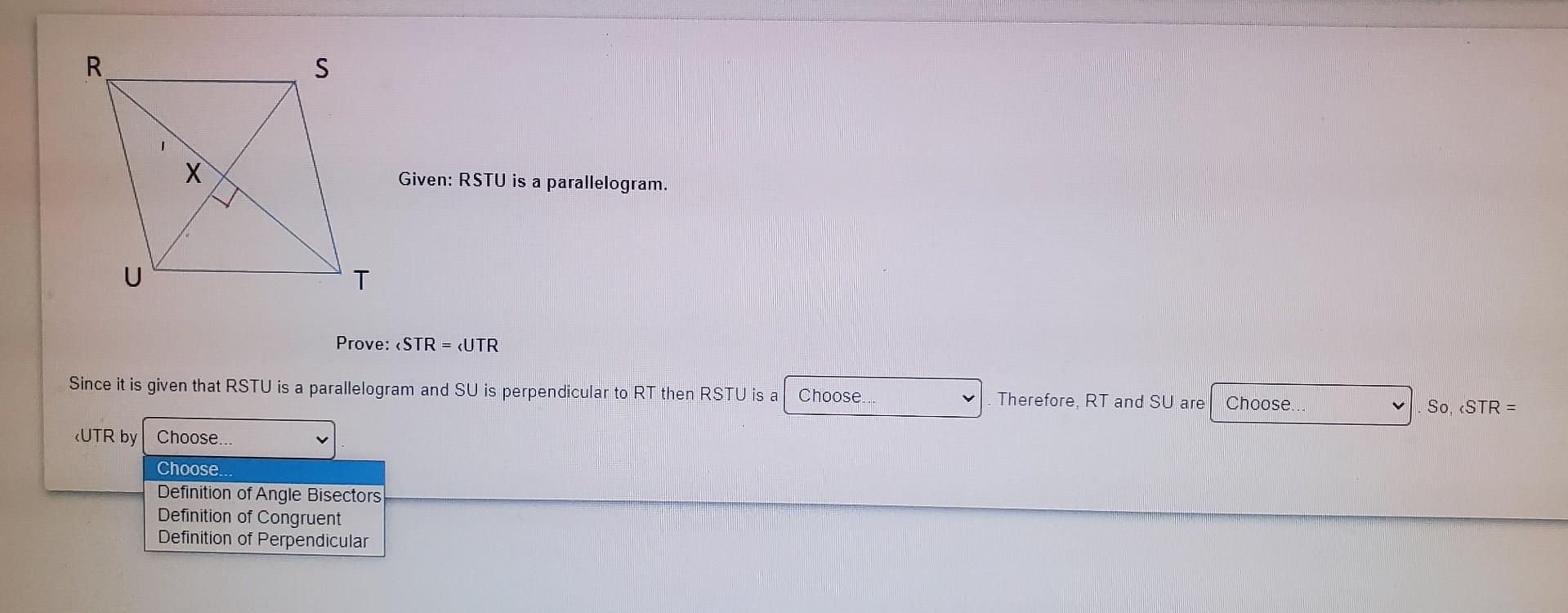 Solved R S Х Given: RSTU is a parallelogram. T Prove: | Chegg.com