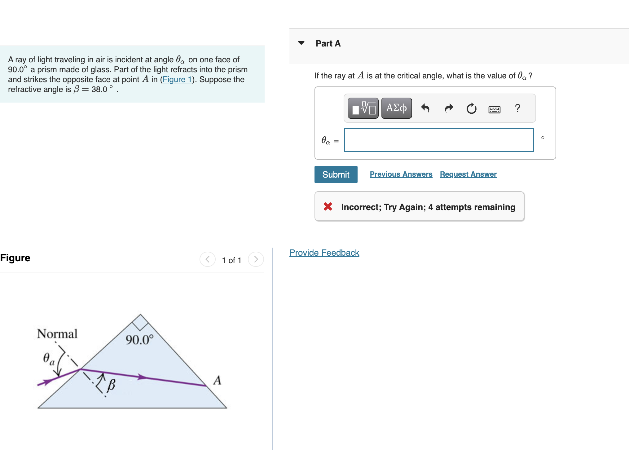 Solved Part AA ray of light traveling in air is incident at | Chegg.com