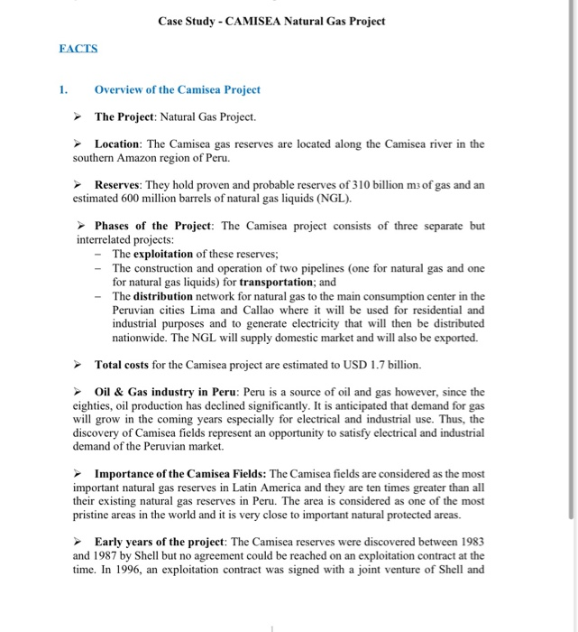 Case Study - CAMISEA Natural Gas Project FACTS 1. | Chegg.com