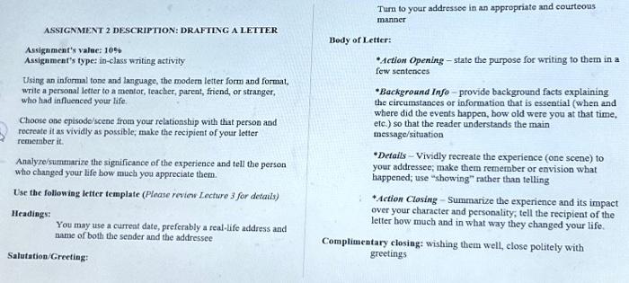 ASSIGNMENT 2 DESCRIPTION: DRAFTING A LETTER | Chegg.com