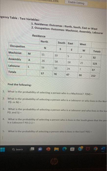 Solved gency Table : Two Variables: 1. Residence: Outcomes : | Chegg.com