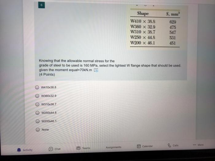 Solved 6 Shape W410 x 38.8 W360 x 32.9 W310 X 38.7 W250 X | Chegg.com
