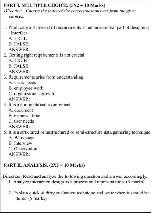 Solved PART I. MULTIPLE CHOICE. (5X2 = 10 Marks) Direction: | Chegg.com