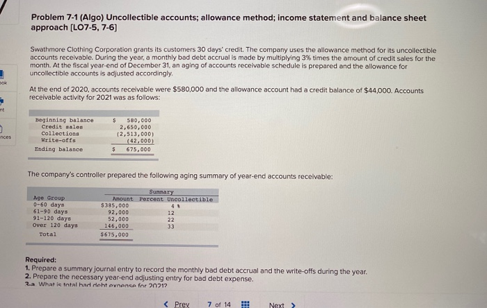 Solved Problem 7-1 (Algo) Uncollectible accounts; allowance | Chegg.com