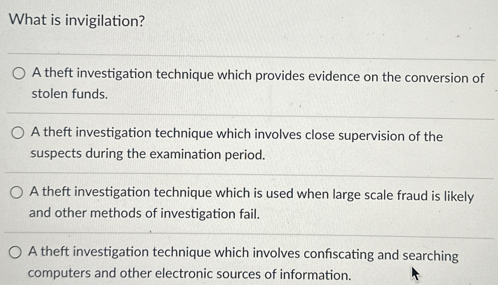 Solved What is invigilation?A theft investigation technique | Chegg.com