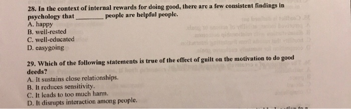 Solved 28. In the context of internal rewards for doing | Chegg.com