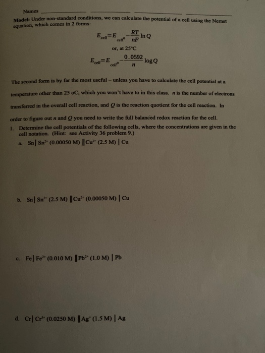 Solved Names Model: Under non-standard conditions, we can | Chegg.com