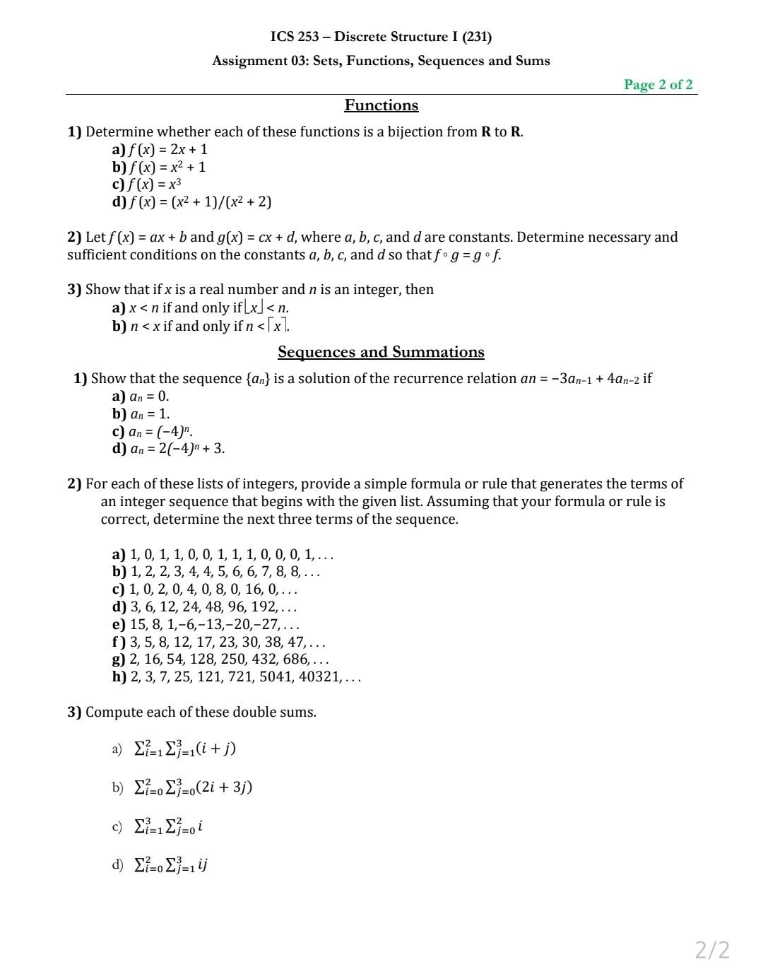 Solved Assignment 03: Sets, Functions, Sequences and Sums | Chegg.com