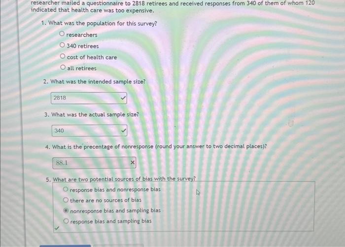 Solved researcher mailed a questionnaire to 2818 retirees | Chegg.com