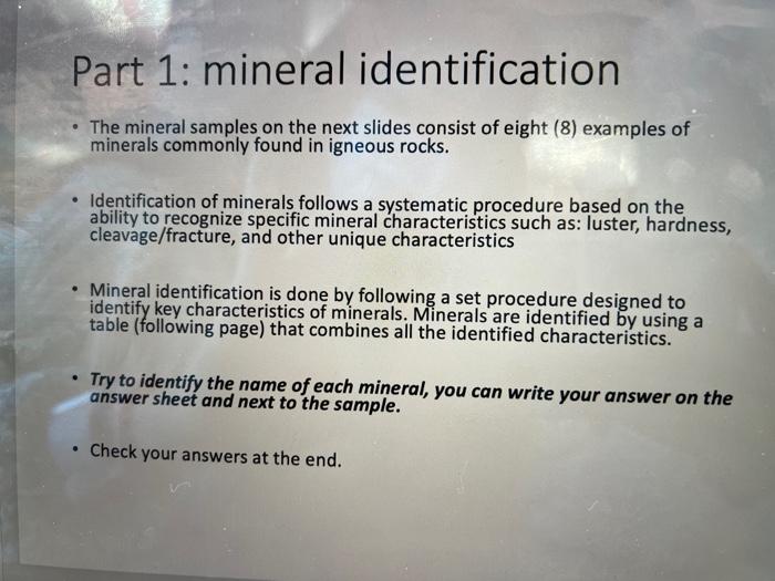 Solved Part 1: mineral identification The mineral samples on | Chegg.com