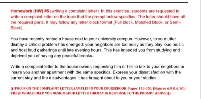 Homework (HW) #5 (writing a complaint letter): In | Chegg.com