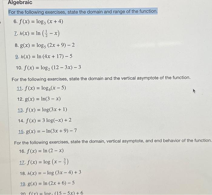 Solved Algebraic For the following exercises, state the | Chegg.com