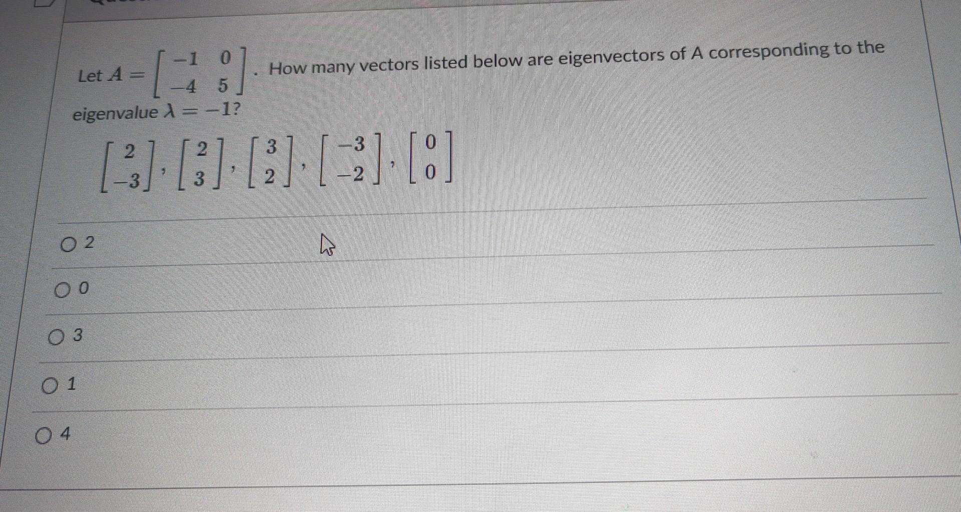 Solved Let A=[−1−405]. How many vectors listed below are | Chegg.com