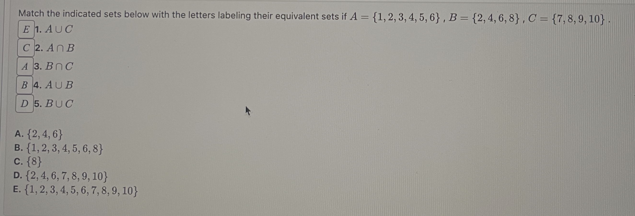 Solved Match the indicated sets below with the letters | Chegg.com