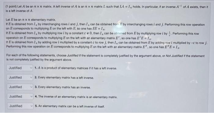 Solved (1 point) Let A be an n×n matrix. A left inverse of A | Chegg.com