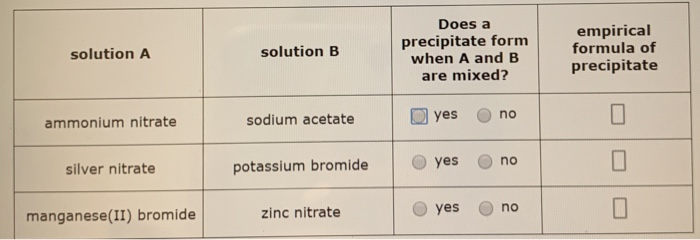 Solved solution A solution B Does a precipitate form when A | Chegg.com