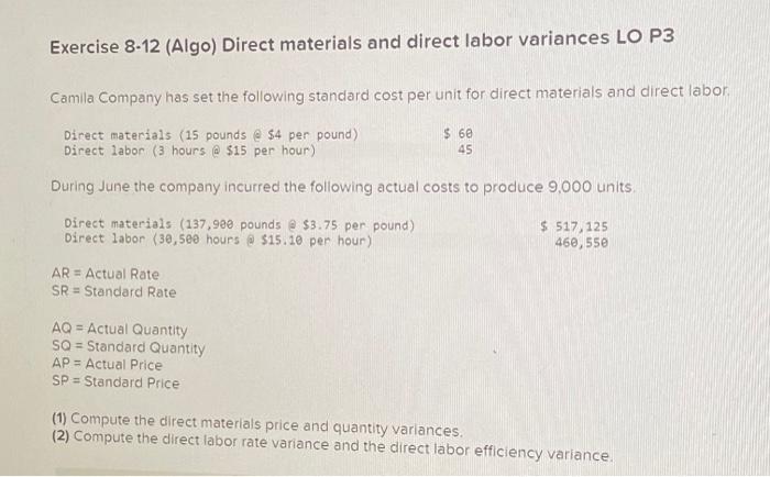 Solved Exercise 8-12 (Algo) Direct materials and direct | Chegg.com