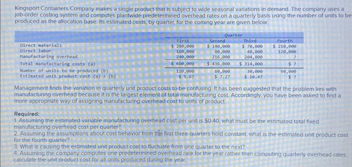 Solved Kingsport Containers Company makes a single product | Chegg.com