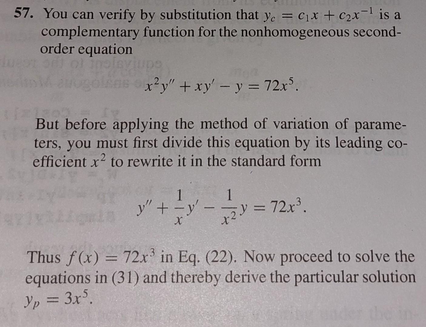 Solved 77. You can verify by substitution that yc=c1x+c2x−1 | Chegg.com