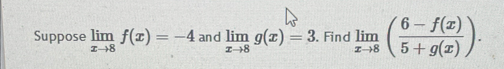 Solved Suppose limx→8f(x)=-4 ﻿and limx→8g(x)=3. ﻿Find | Chegg.com