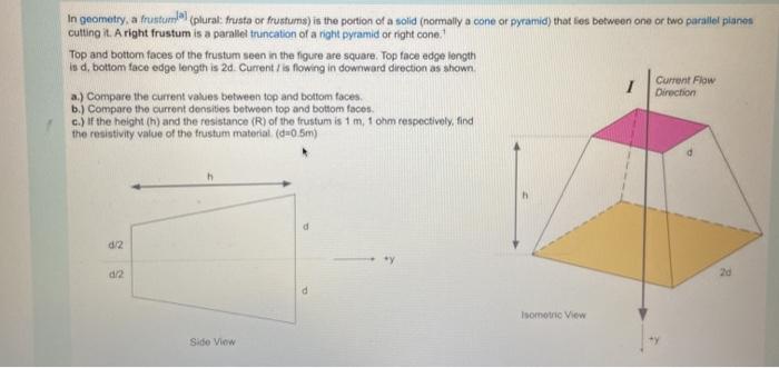 Solved In geometry, a frustum (plural: frusta or frustums) | Chegg.com