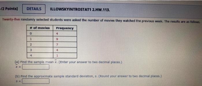 Solved -12 Points] DETAILS ILLOWSKYINTROSTAT1 2.HW.113. | Chegg.com