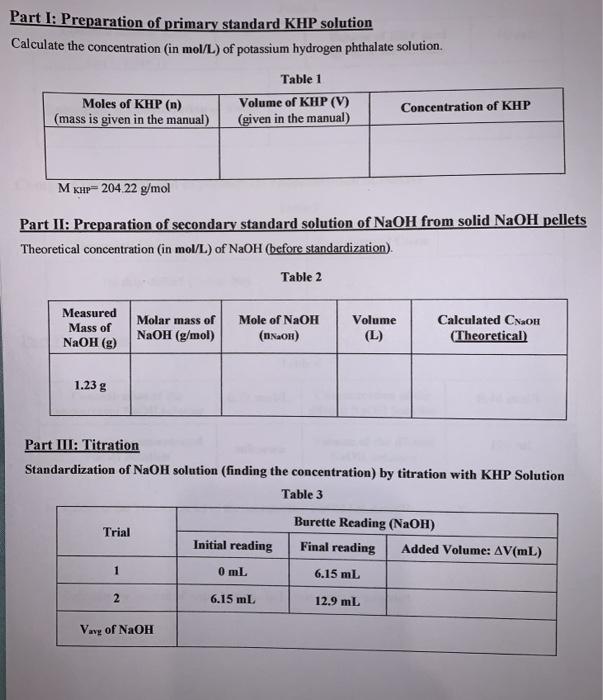 Solved Part 1: Preparation of primary standard KHP solution | Chegg.com