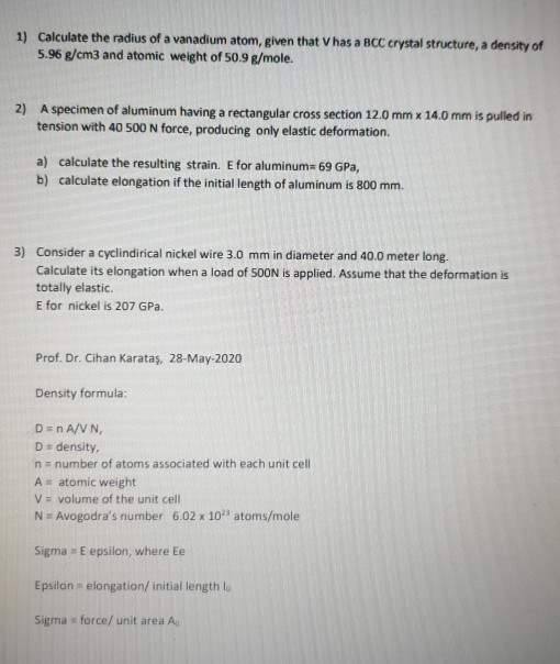 Solved 1) Calculate the radius of a vanadium atom, given | Chegg.com
