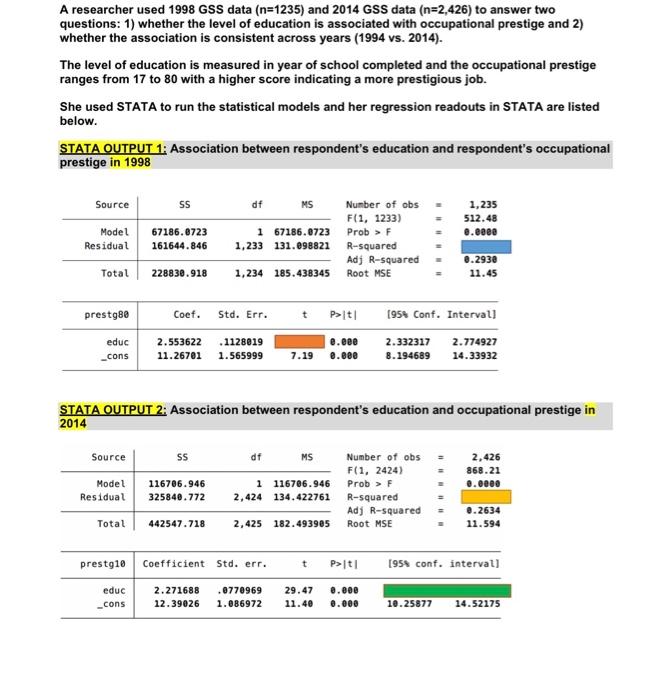 Solved 2. A researcher used 1998 GSS data (n=1235) and 2014 | Chegg.com