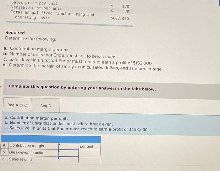 Solved Sales price per unit Variable cost per unit Total | Chegg.com