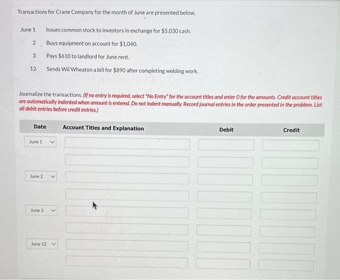 Solved Transactions for Crane Company for the month of June | Chegg.com